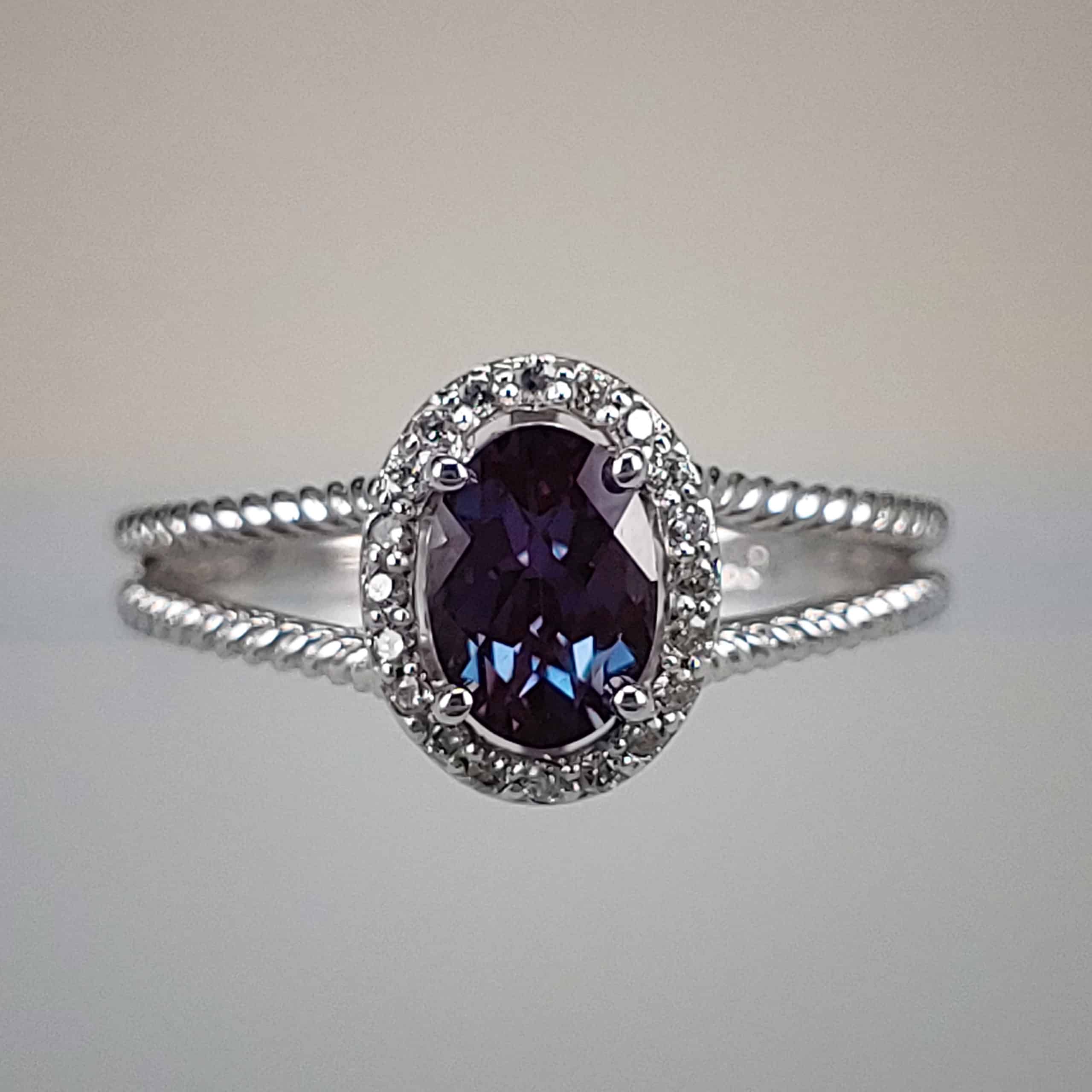 10K White Gold Split Shank Alexandrite & Diamond Halo Ring » Middleton ...